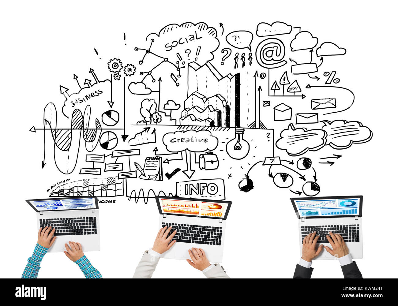 Top view of businesspeople using gadgets on white background Stock ...