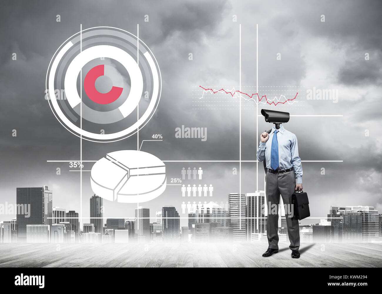 Camera headed man standing on wooden floor against modern citysc Stock ...