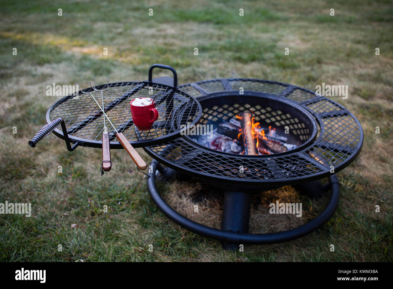 High angle view of marshmallow in mug and skewers on barbecue grill at ...
