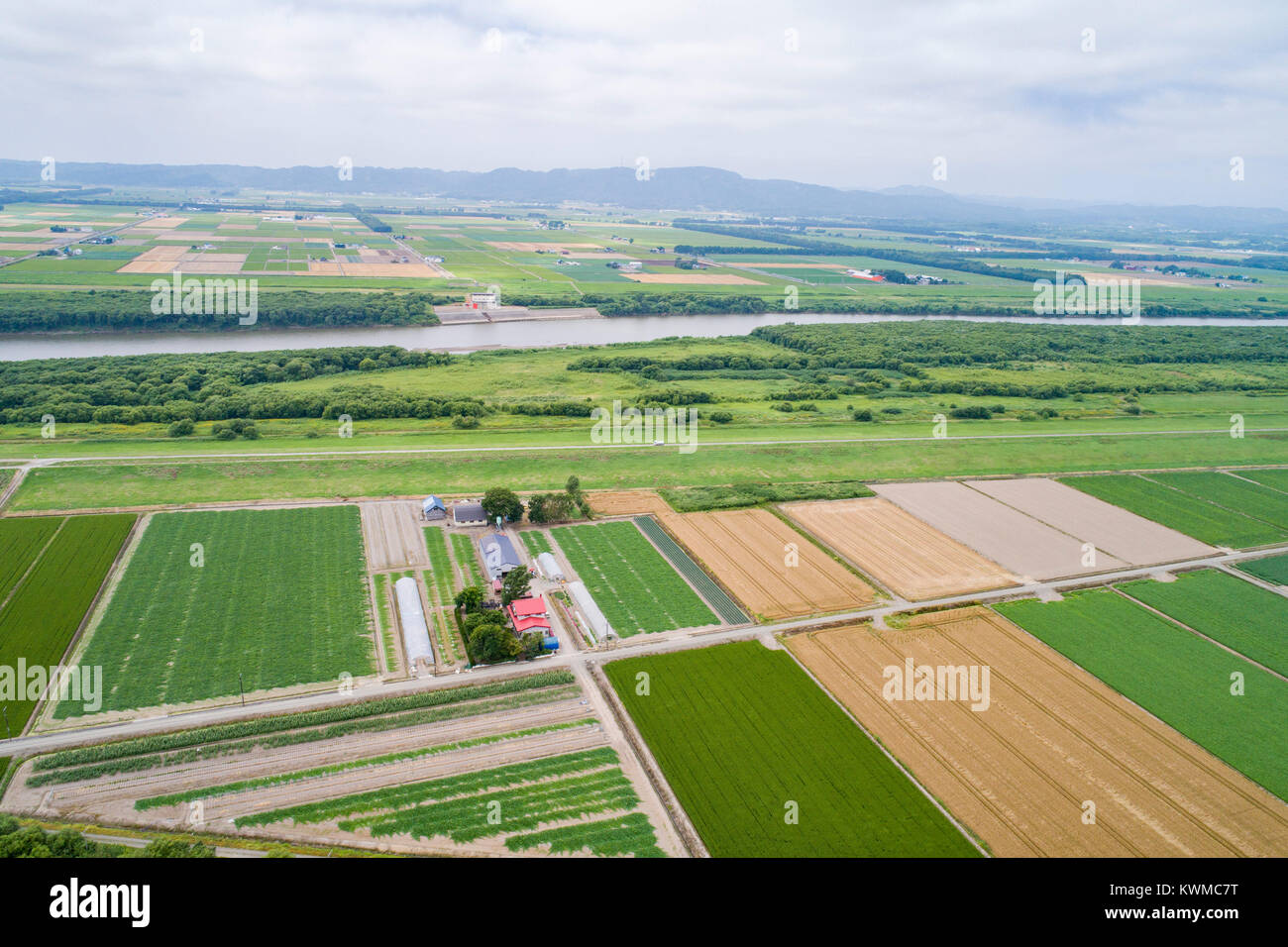 Ishikari Plain and Ishikari River, Bibai City, Hokkaido, Japan Stock ...