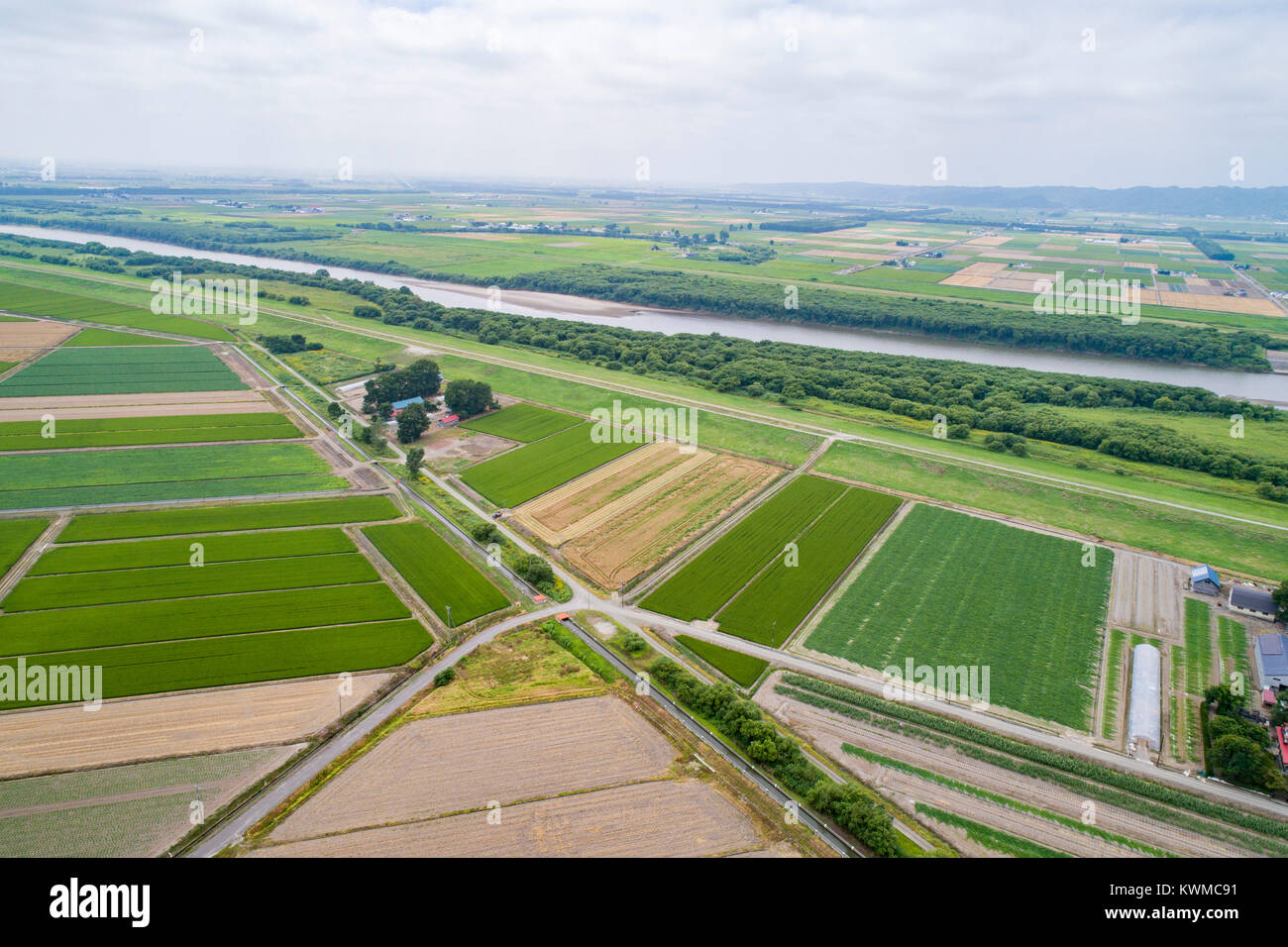 Ishikari Plain and Ishikari River, Bibai City, Hokkaido, Japan Stock ...