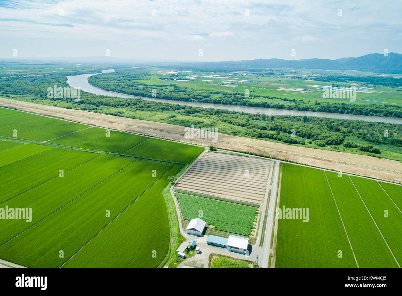 Ishikari Plain and Ishikari River, Bibai City, Hokkaido, Japan Stock ...
