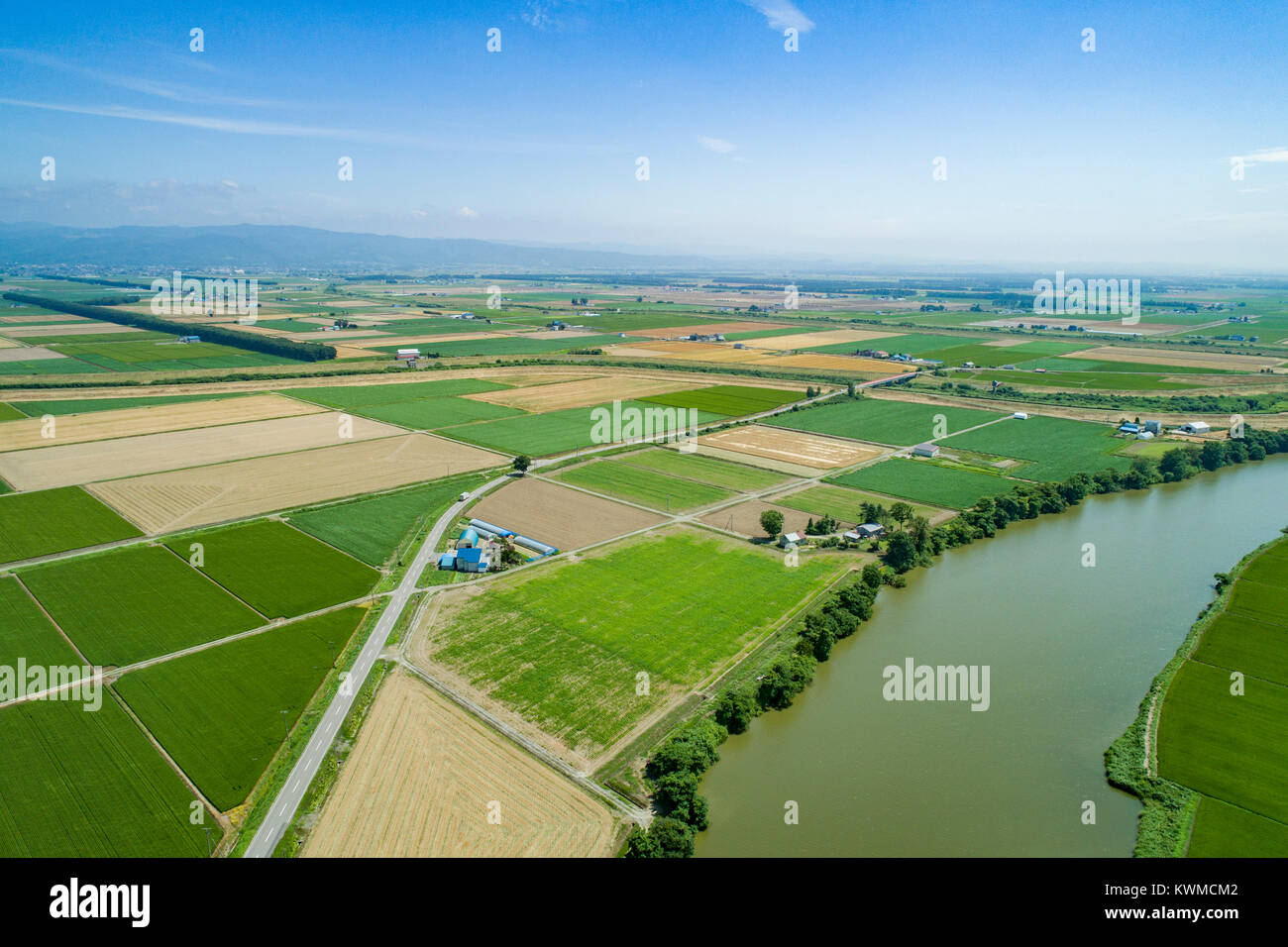 Ishikari Plain and Ishikari River, Bibai City, Hokkaido, Japan Stock ...