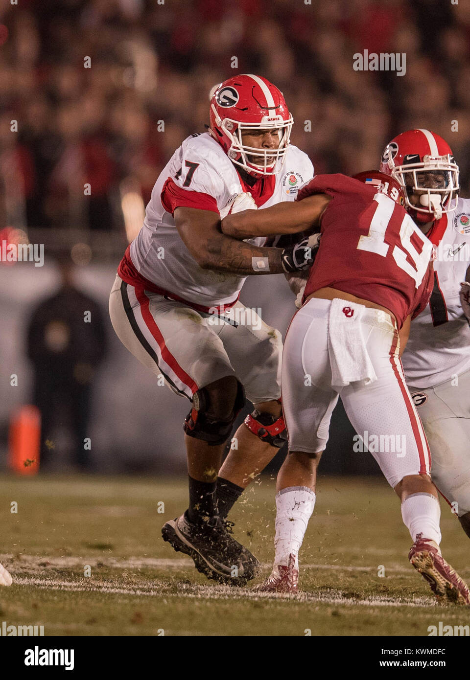 Pasadena, CA. 1st Jan, 2018. Georgia offensive lineman (77) Isaiah Wynn ...