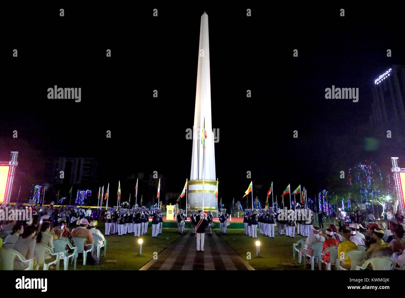 Yangon, Myanmar. 4th Jan, 2018. A flag-raising ceremony is held to mark ...