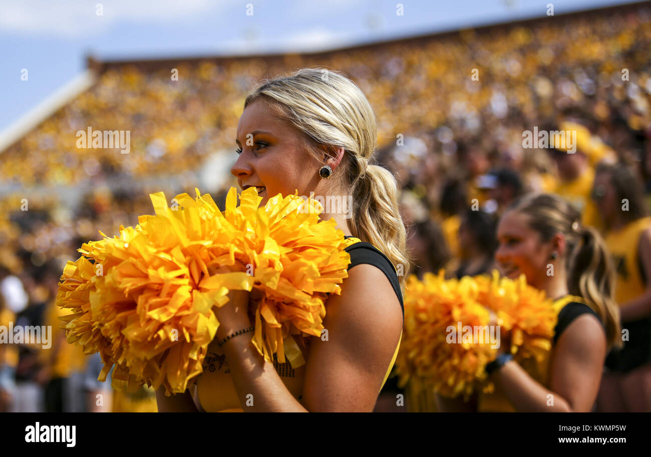 Iowa City, Iowa, USA. 16th Sep, 2017. Iowa Hawkeyes cheerleaders watch ...