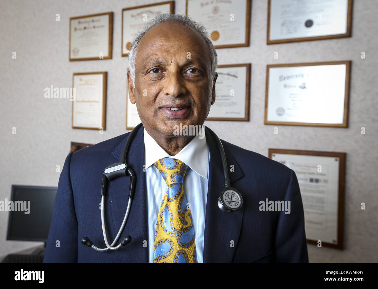 Moline, Iowa, USA. 5th June, 2017. Dr. V.R. Alla poses for a photo in ...