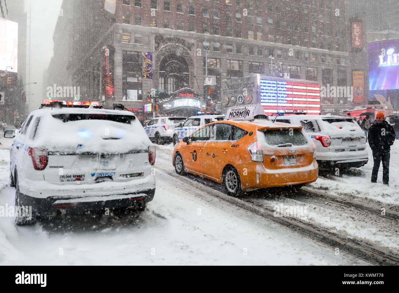 Times Square on a day when heavy snowfall hits Manhattan Island in New ...