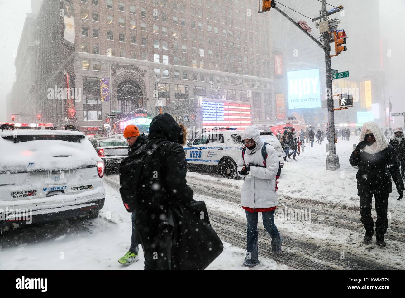 Times Square on a day when heavy snowfall hits Manhattan Island in New ...