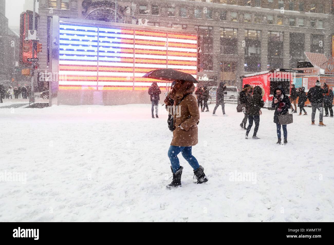 Times Square on a day when heavy snowfall hits Manhattan Island in New ...