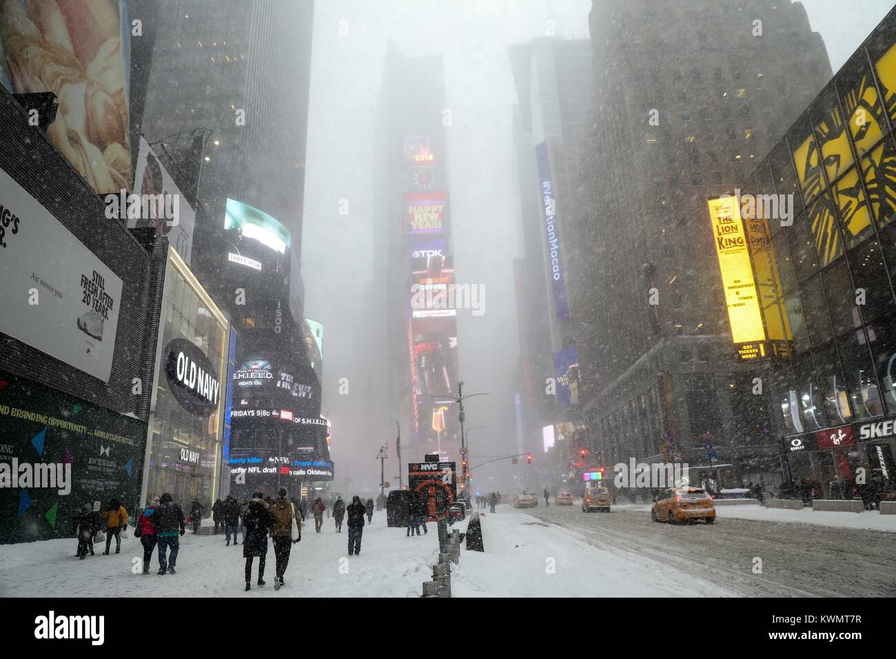 Times Square on a day when heavy snowfall hits Manhattan Island in New ...
