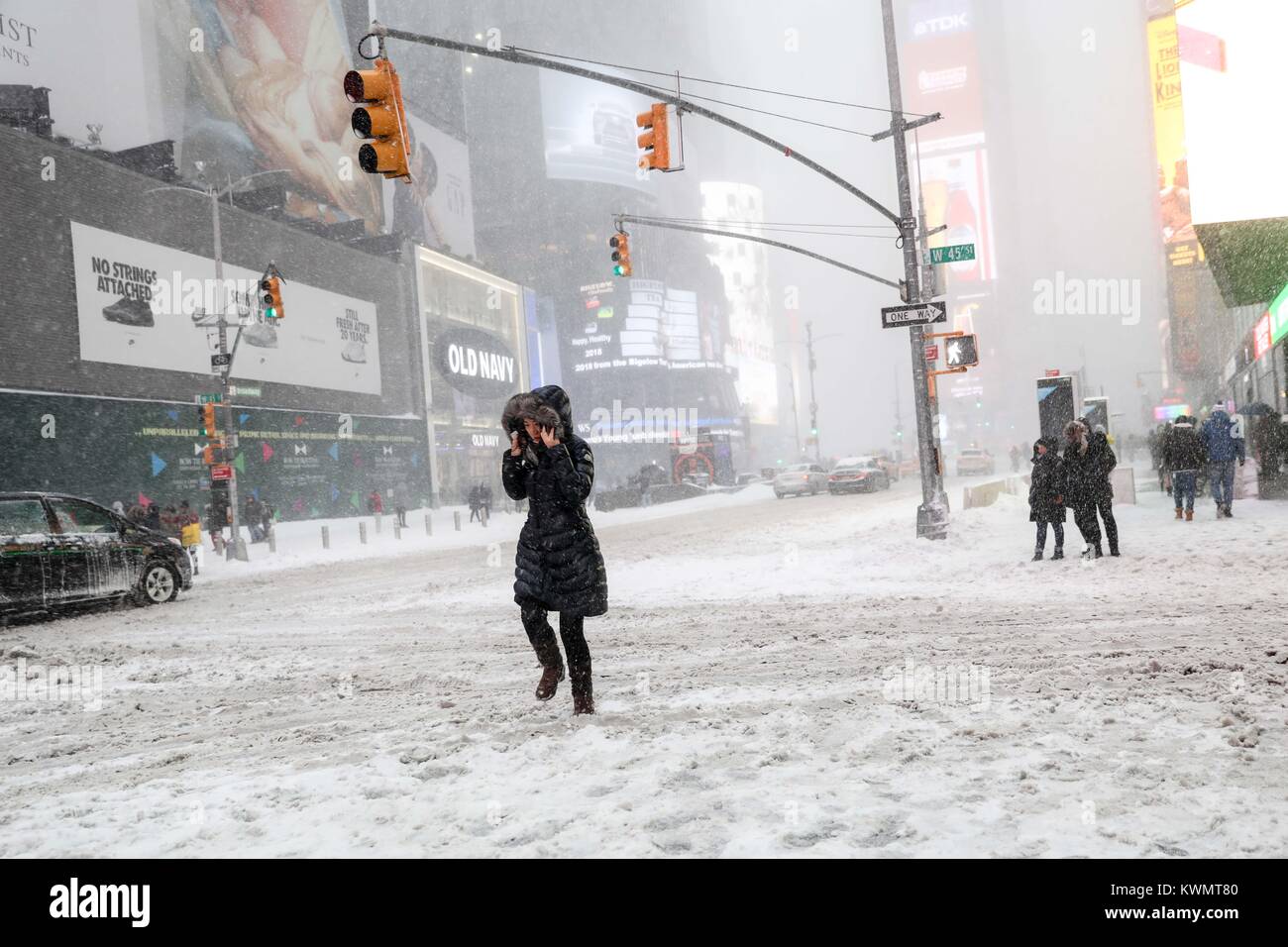 Times Square on a day when heavy snowfall hits Manhattan Island in New ...