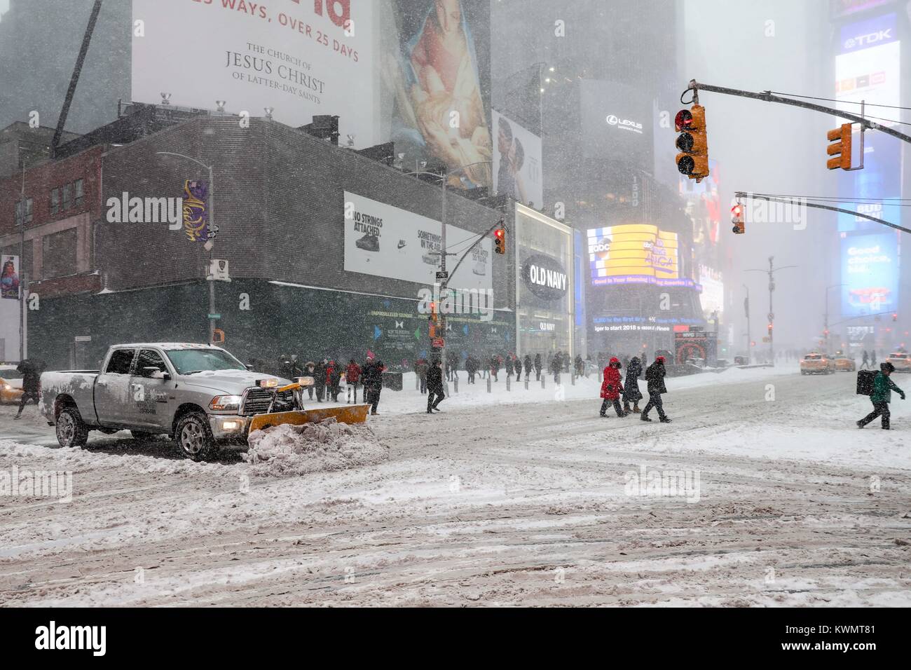Times Square on a day when heavy snowfall hits Manhattan Island in New ...
