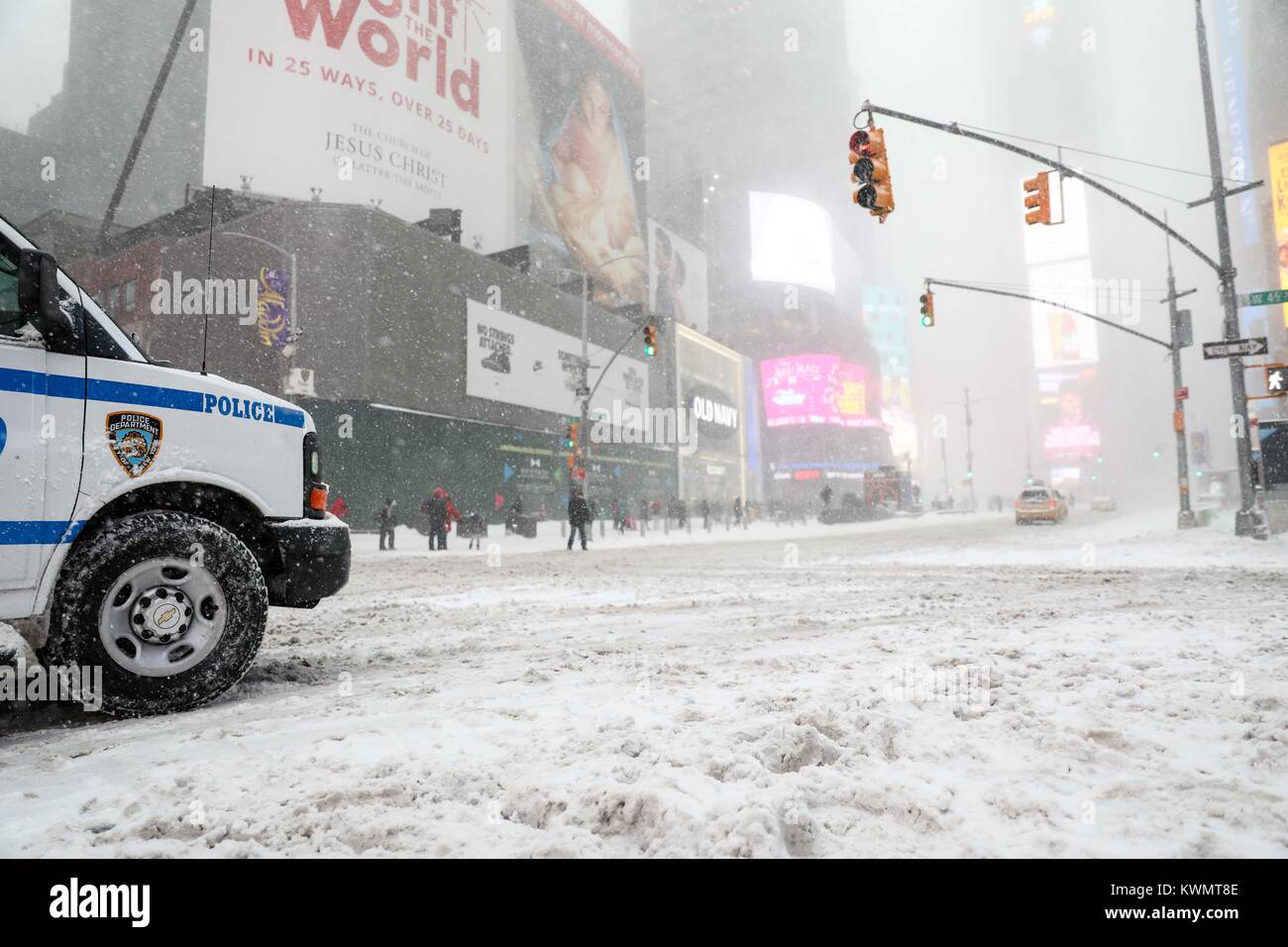 Times Square on a day when heavy snowfall hits Manhattan Island in New ...