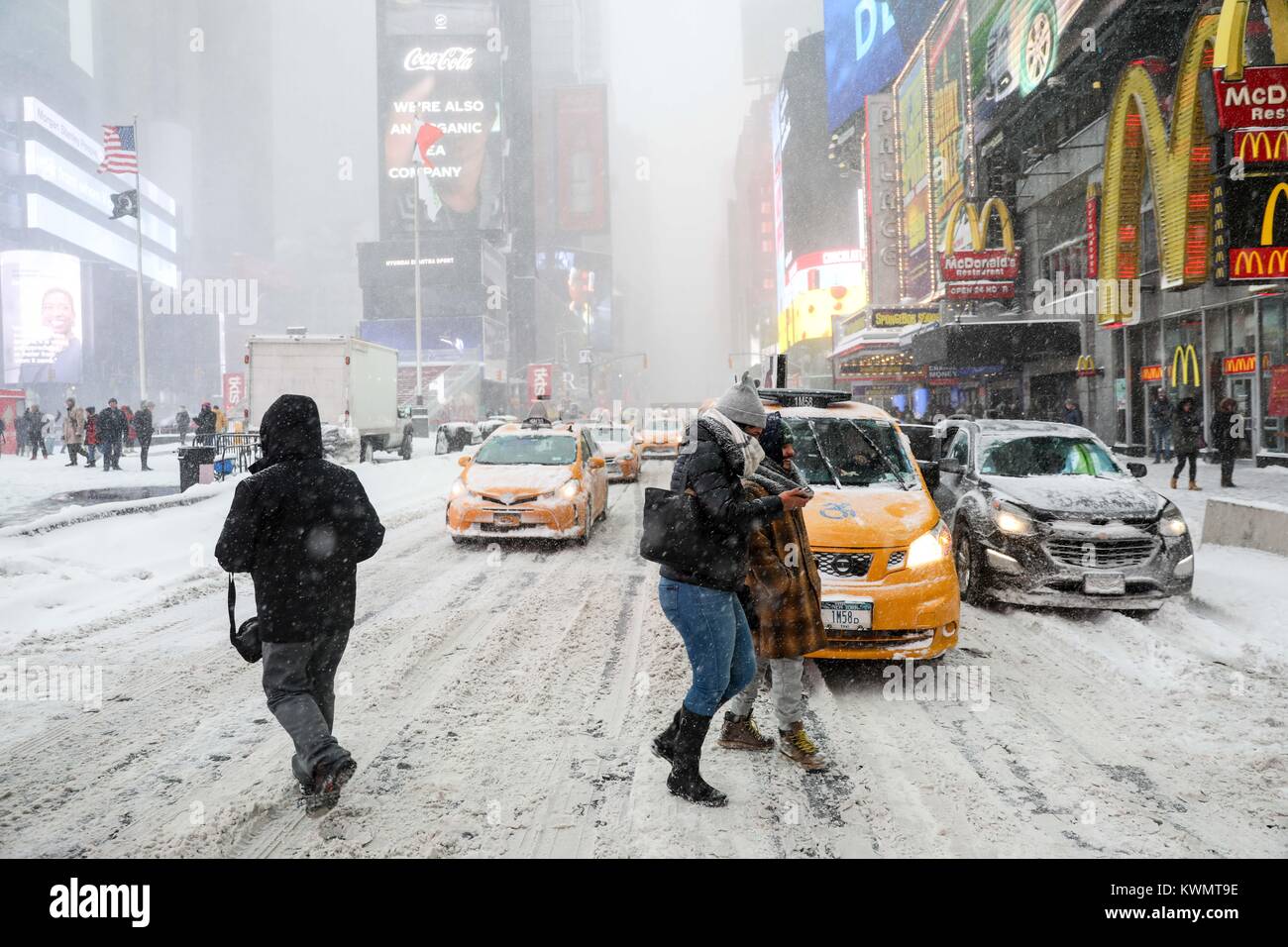 Times Square on a day when heavy snowfall hits Manhattan Island in New ...