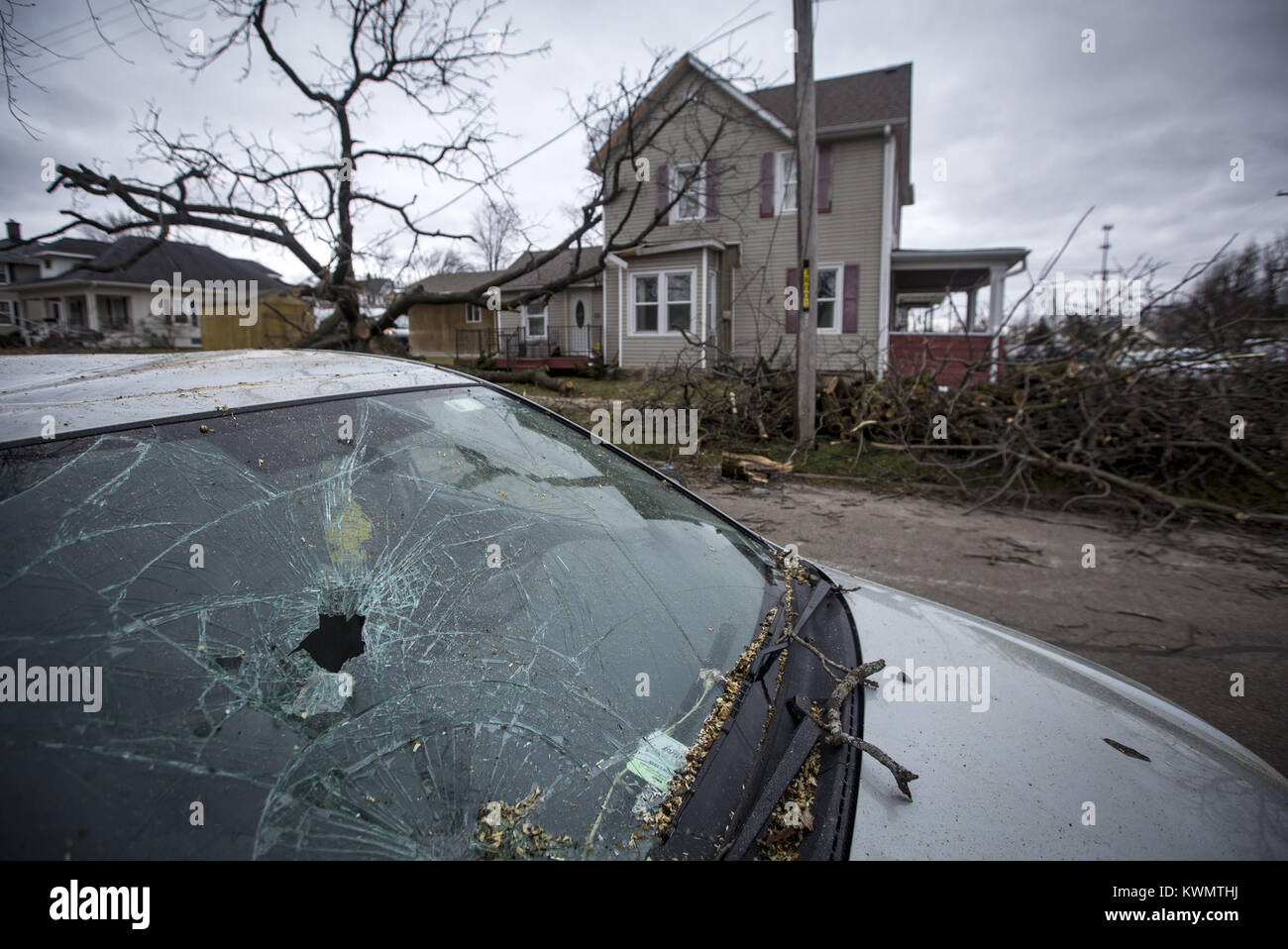 Ottawa, Iowa, USA. 1st Mar, 2017. A damaged windshield is seen amidst a ...
