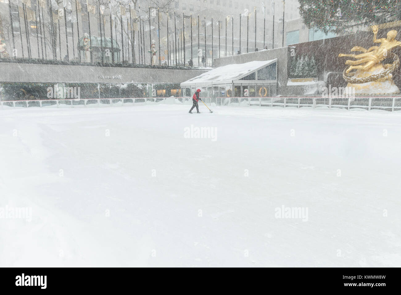 New York, United States. 04th Jan, 2018. Worker clean ice rink in ...