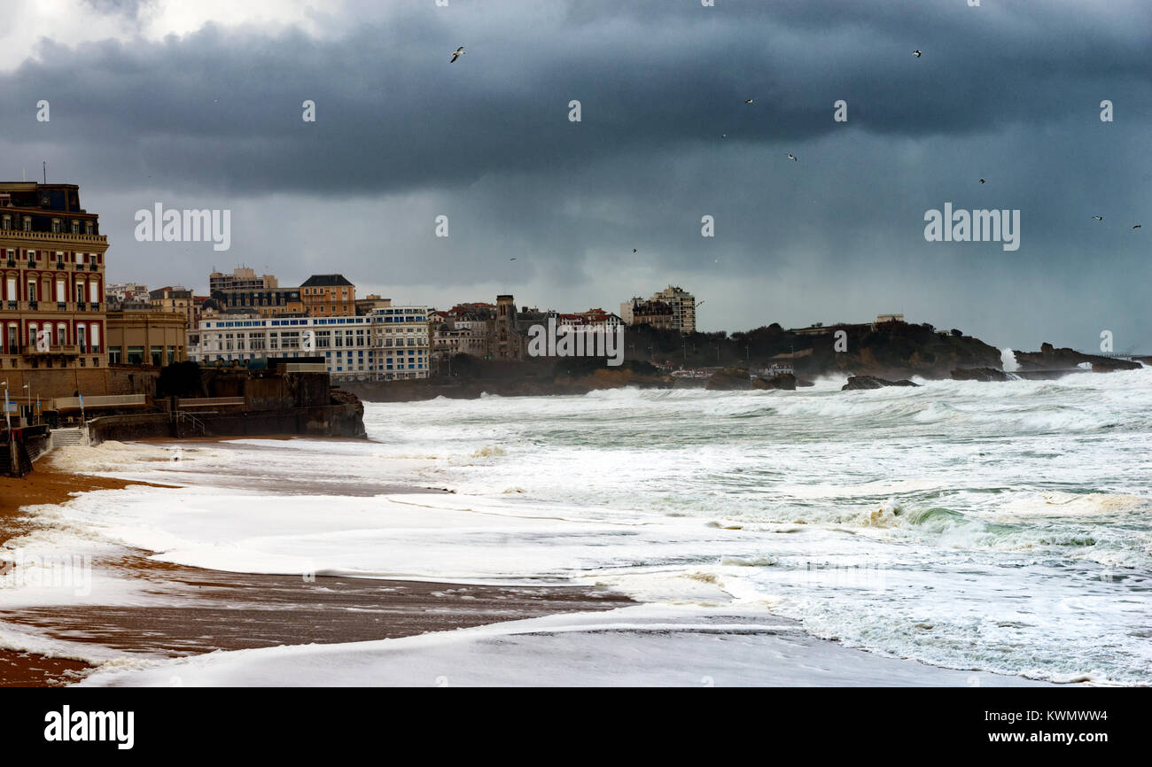 Ocean storm weather with huge waves in Biarritz town, France Stock ...