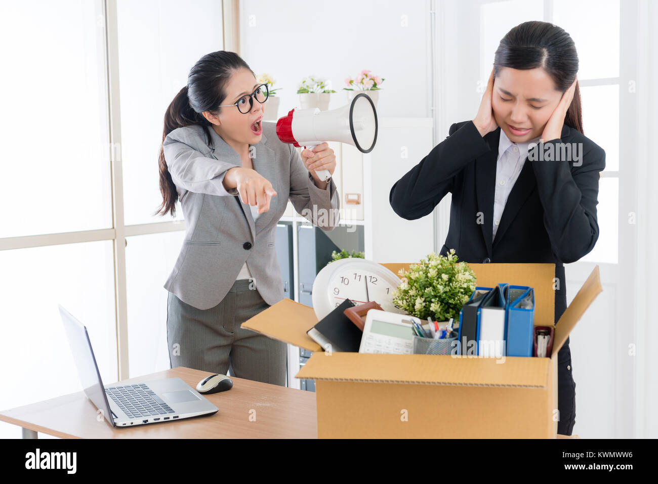 Office worker people young pretty employee yell hi-res stock ...