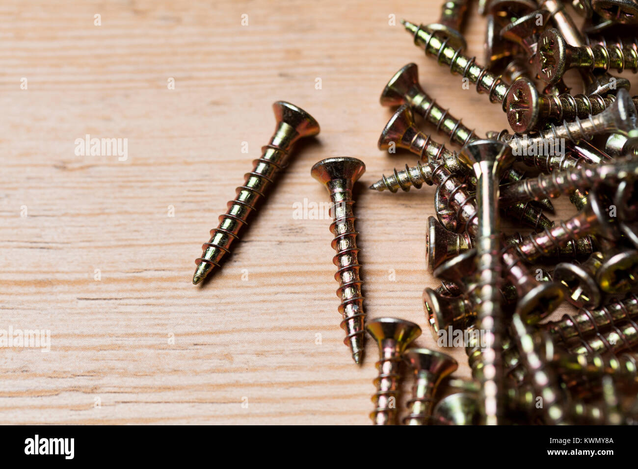 Collection of woodworking, DIY, home improvement screws on a wood ...