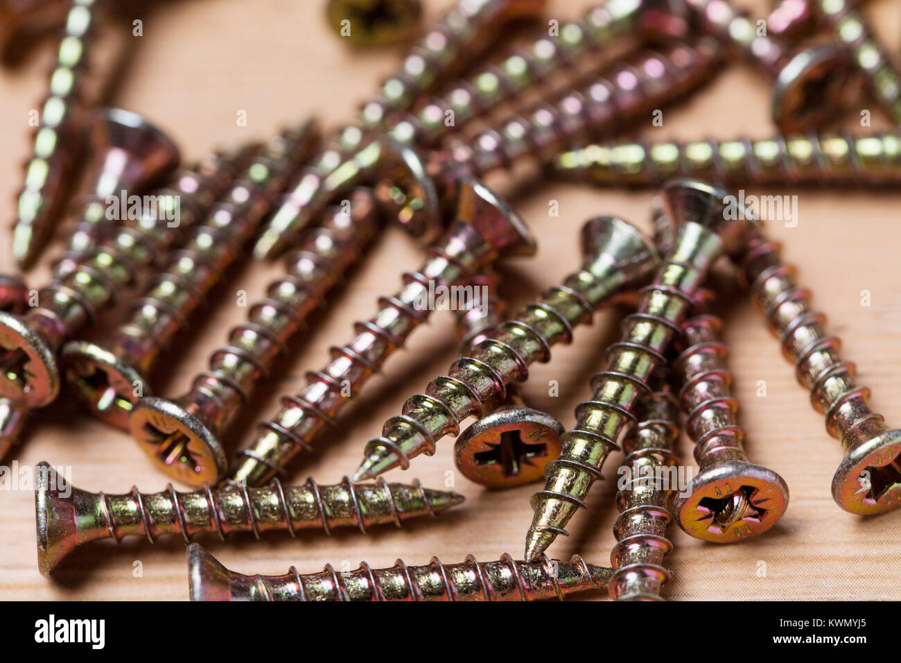 Collection of woodworking, DIY, home improvement screws on a wood ...