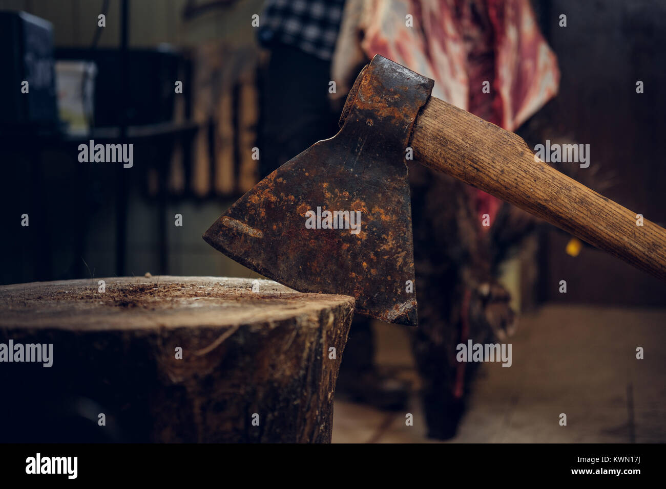 Close up image of axe over bearded butcher on background Stock Photo ...