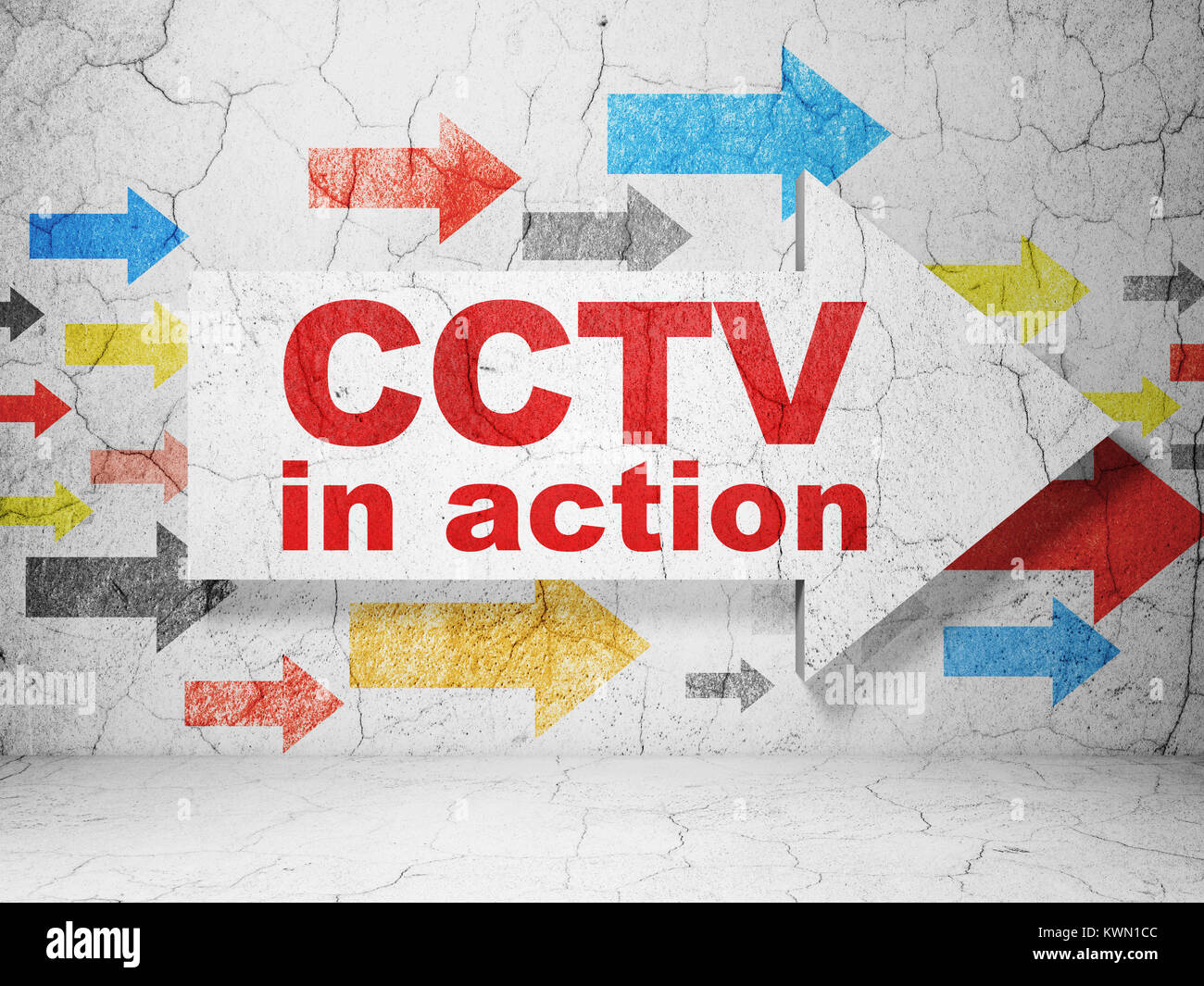 Safety concept: arrow with CCTV In action on grunge wall background ...