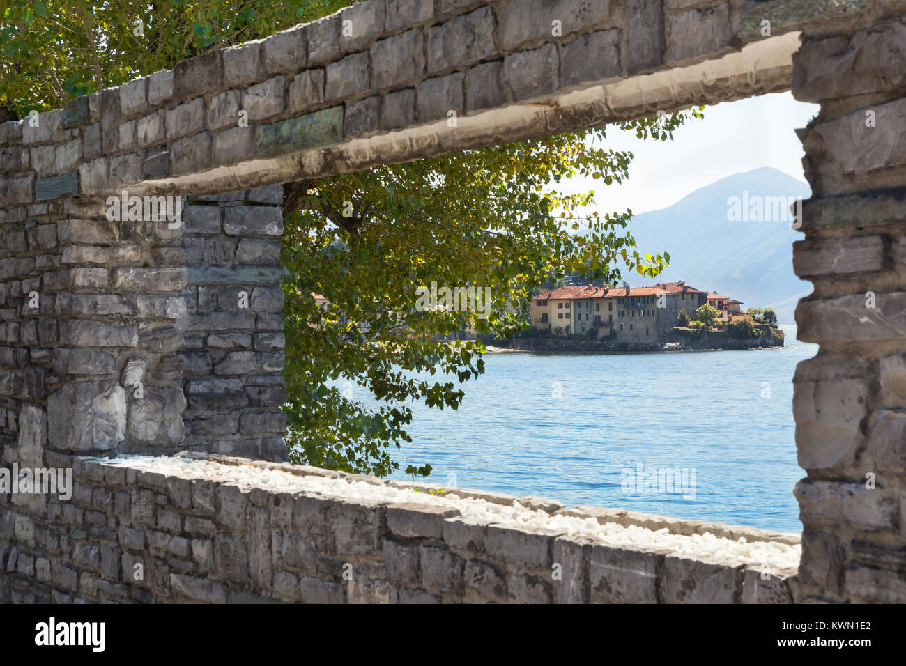 Lake view from the window of a stone wall, outdoors Stock Photo - Alamy