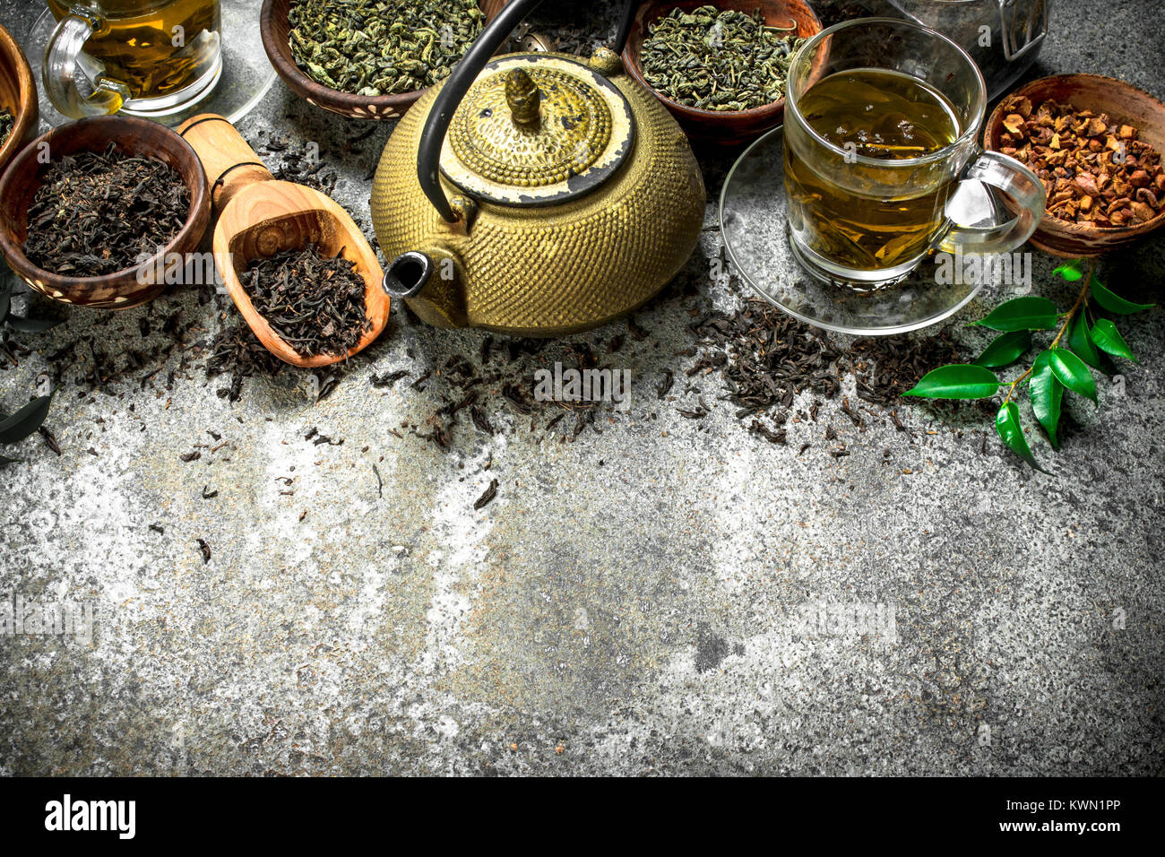 Different kinds of fragrant tea . On a rustic background Stock Photo ...
