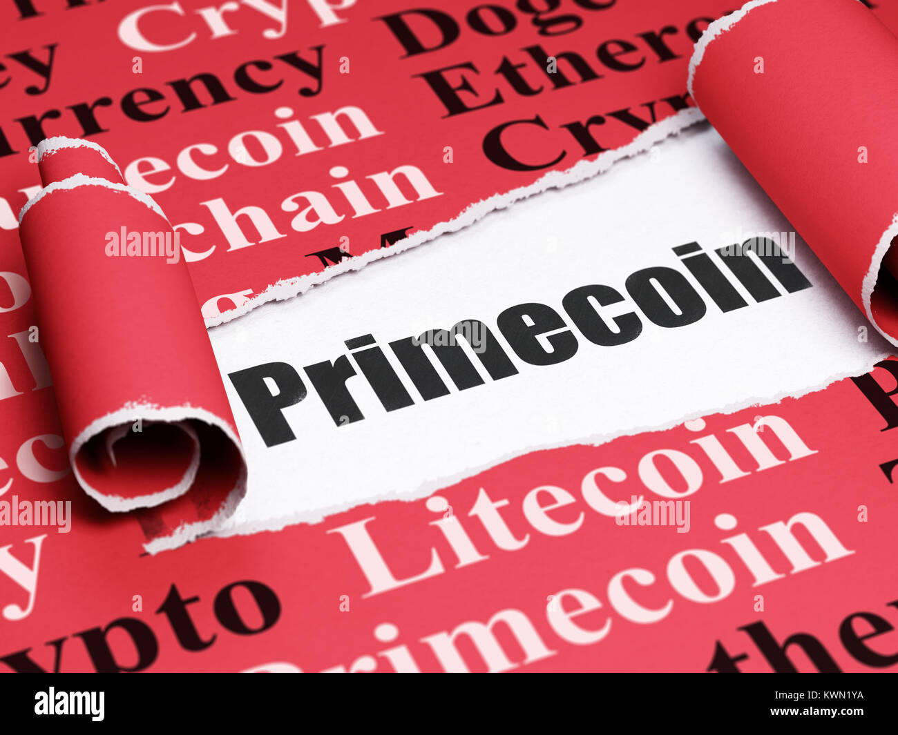 Blockchain concept: black text Primecoin under the piece of torn paper ...
