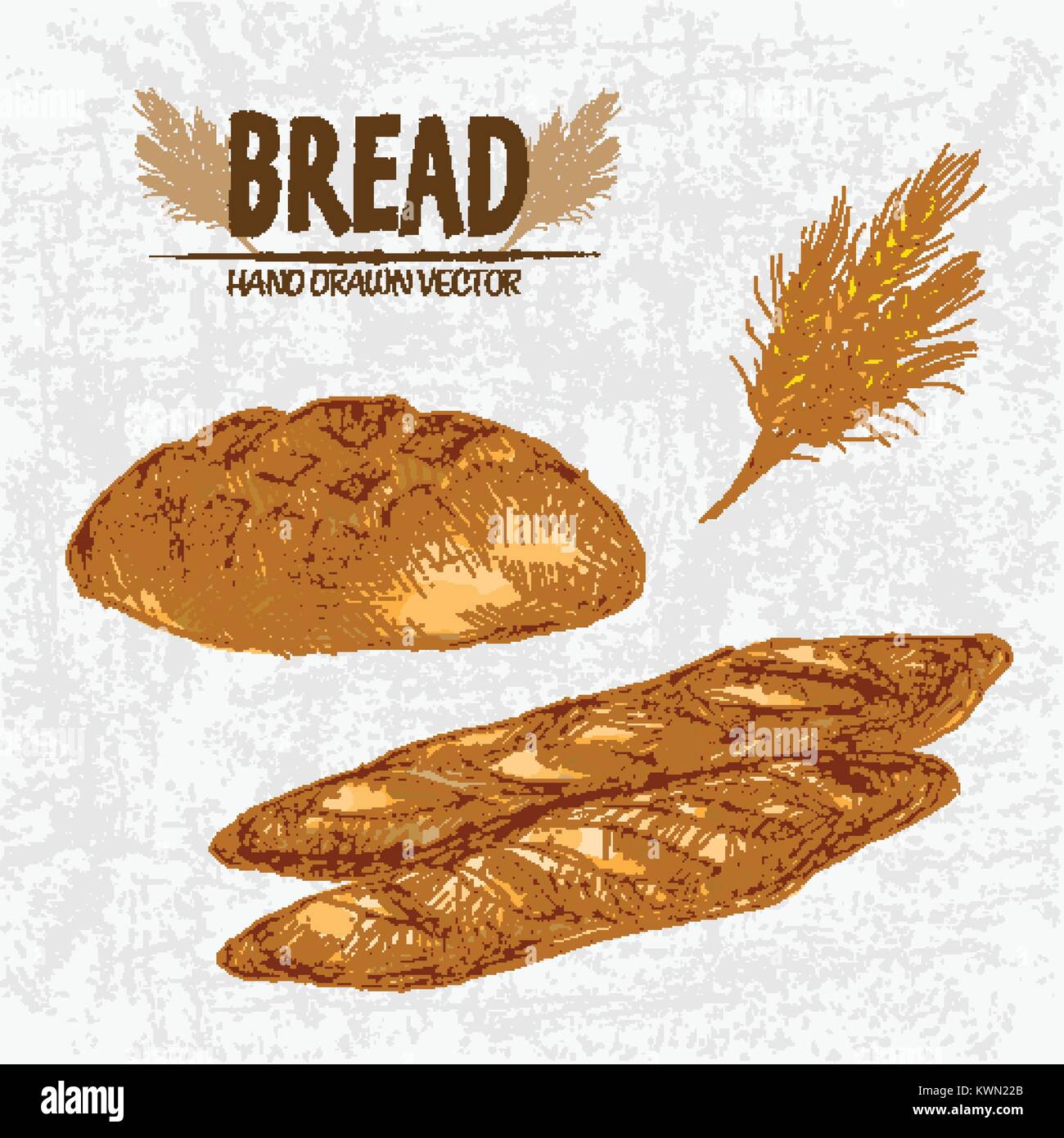 Digital color vector detailed line art golden loaves of round bread and ...