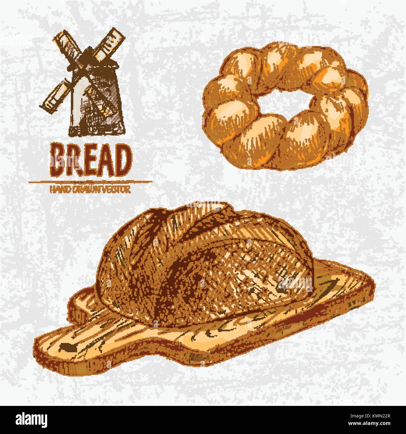Digital color vector detailed line art golden braided and round rye ...