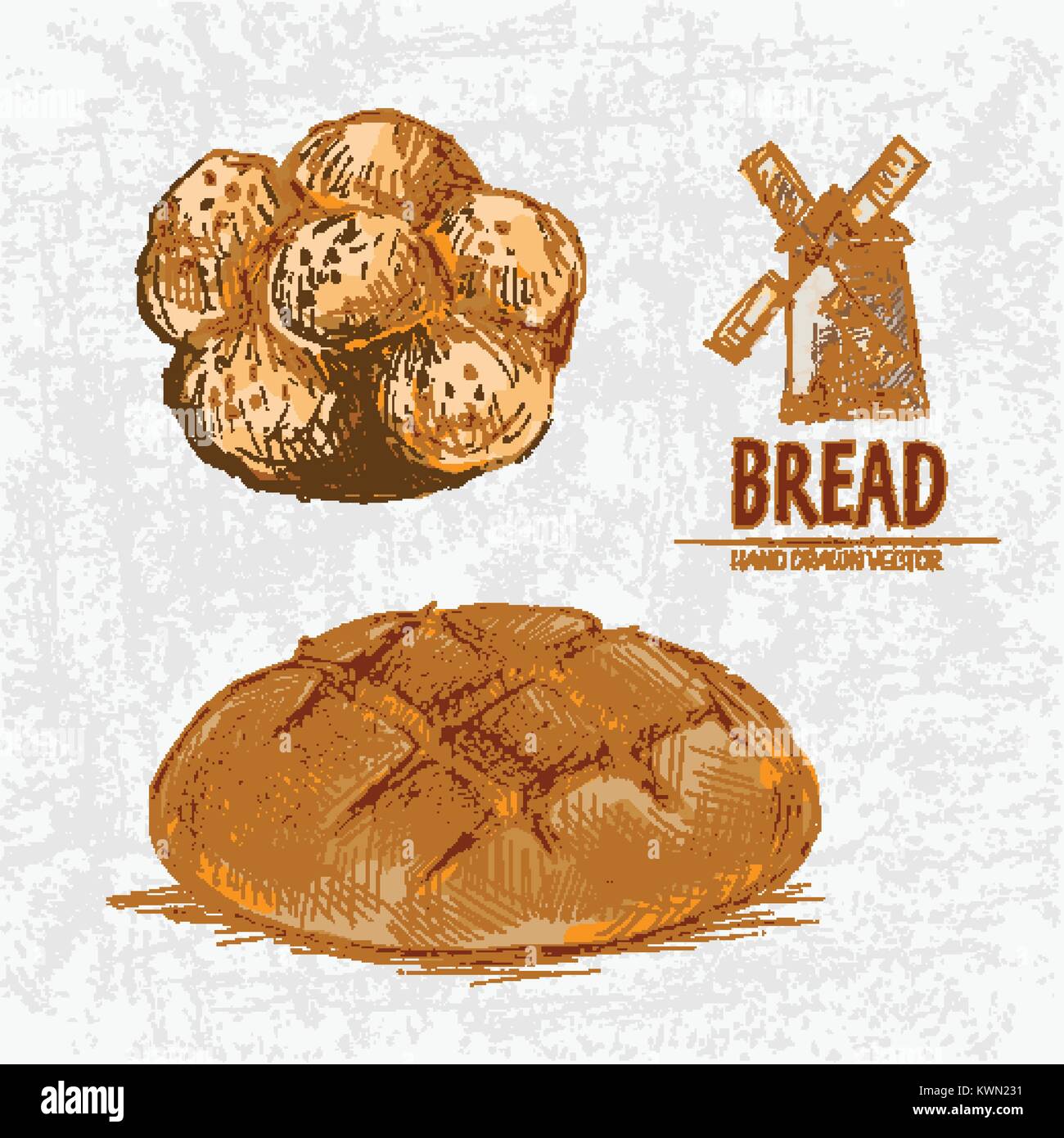 Digital color vector detailed line art golden braided and round rye ...