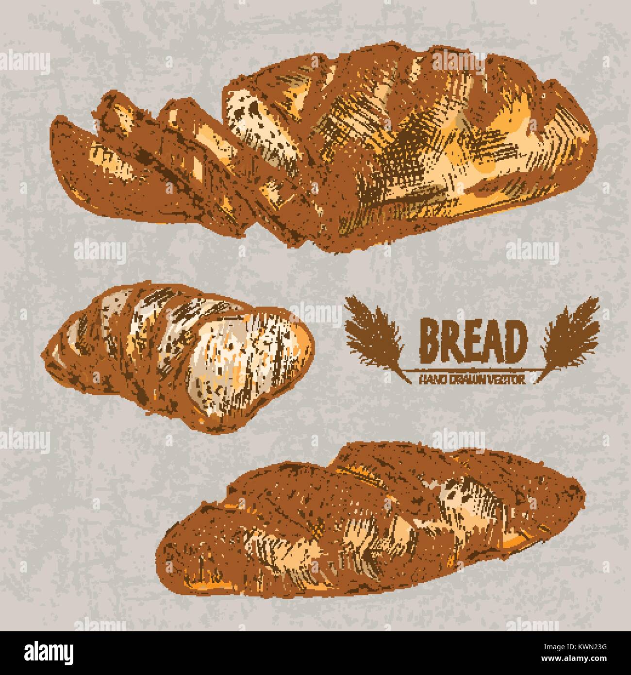 Digital color vector detailed line art golden loaf of white bread ...