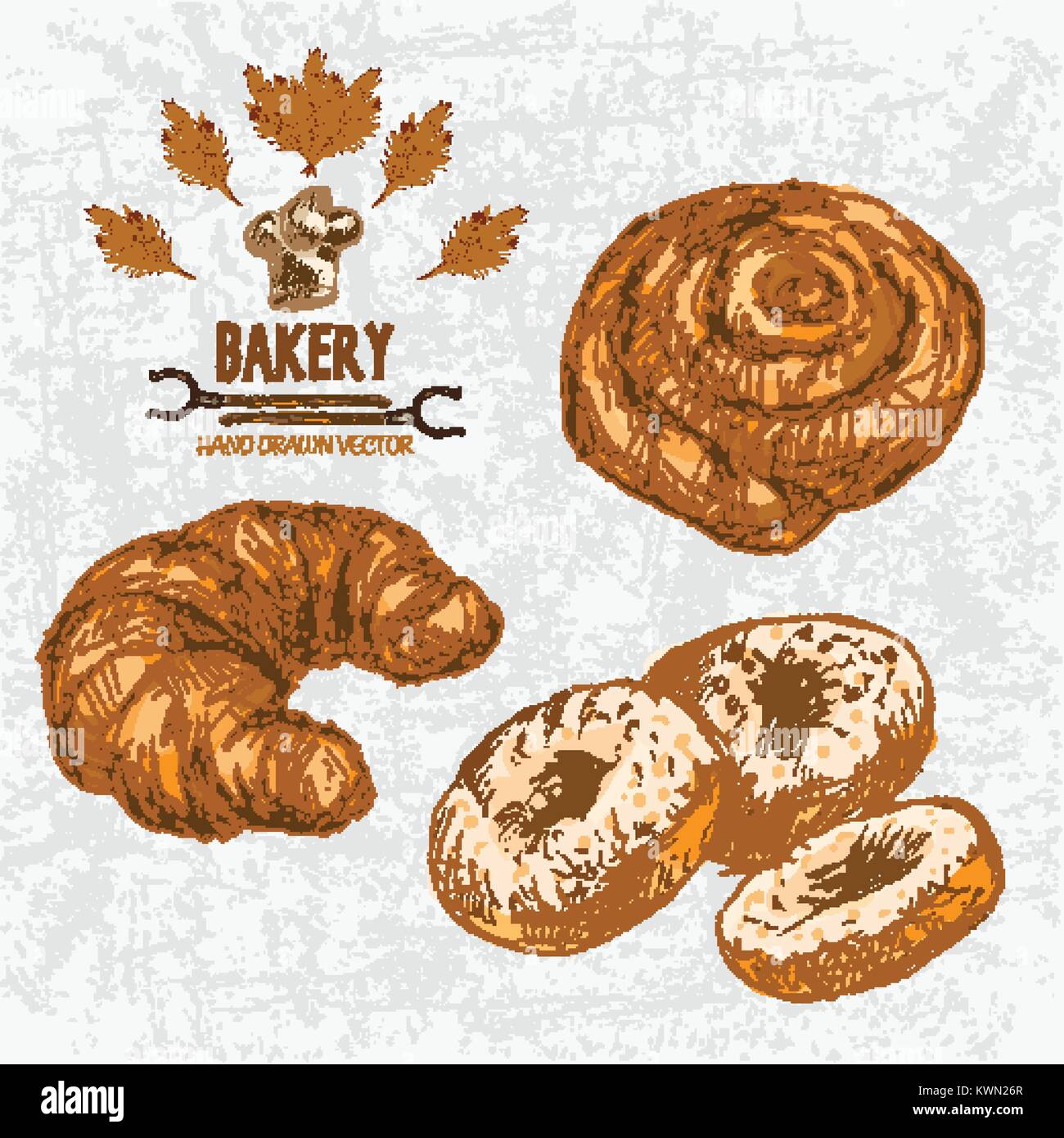 Digital color vector detailed line art golden croissant, roll, donuts ...