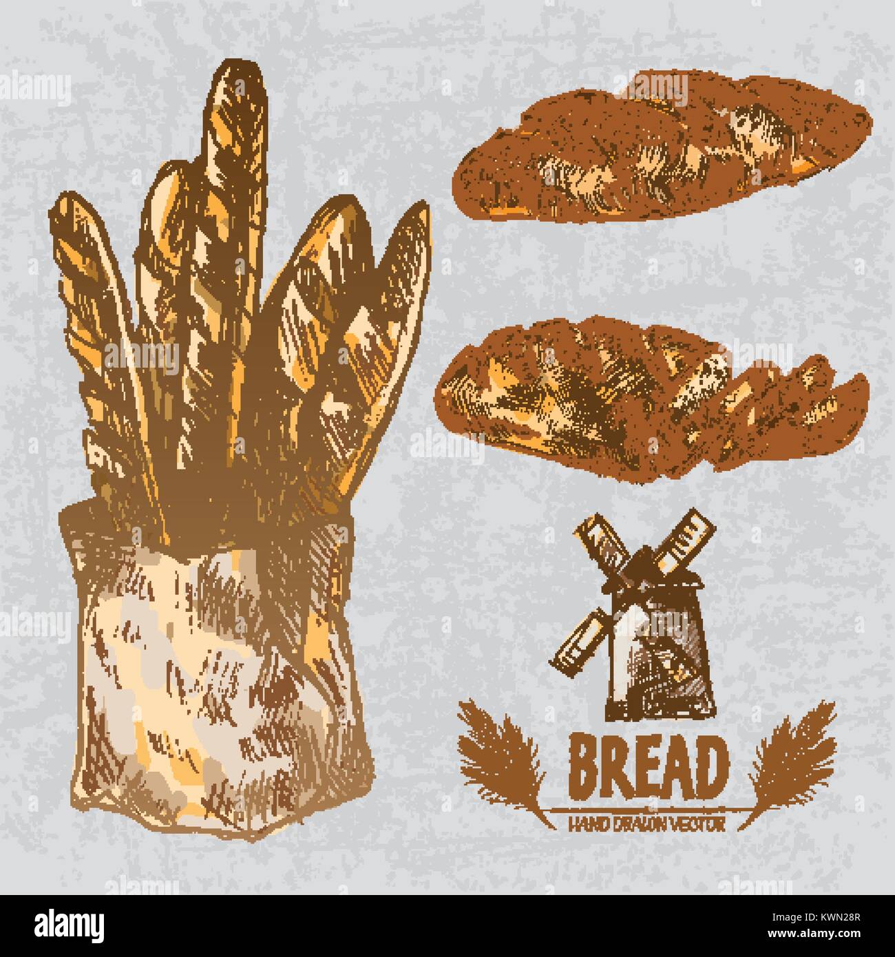Digital color vector line art golden loaves of long and braided bread ...