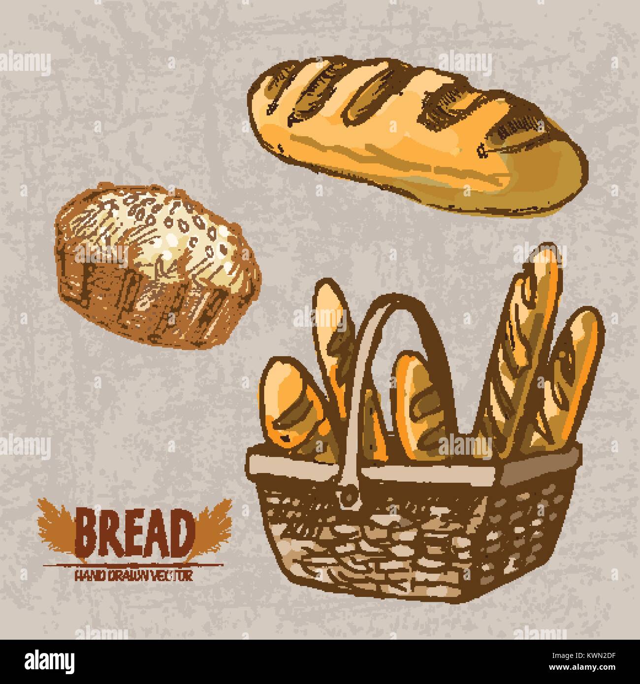 Digital color vector detailed line art golden loaf of bread and pie ...