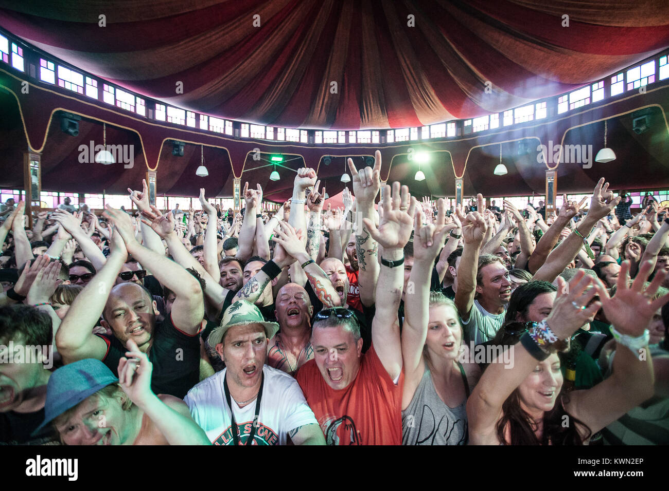 Enthusiastic and energetic music fans go crazy at a concert with the ...
