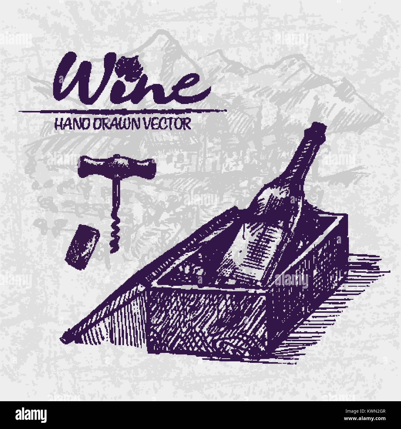 Digital color vector detailed line art wine bottle in wood box and ...