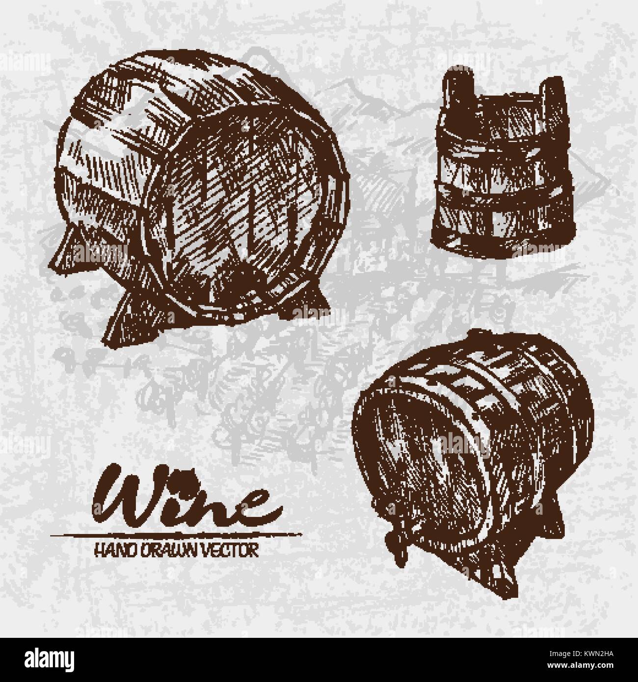 Digital color vector detailed line art wooden wine barrels with tap and ...