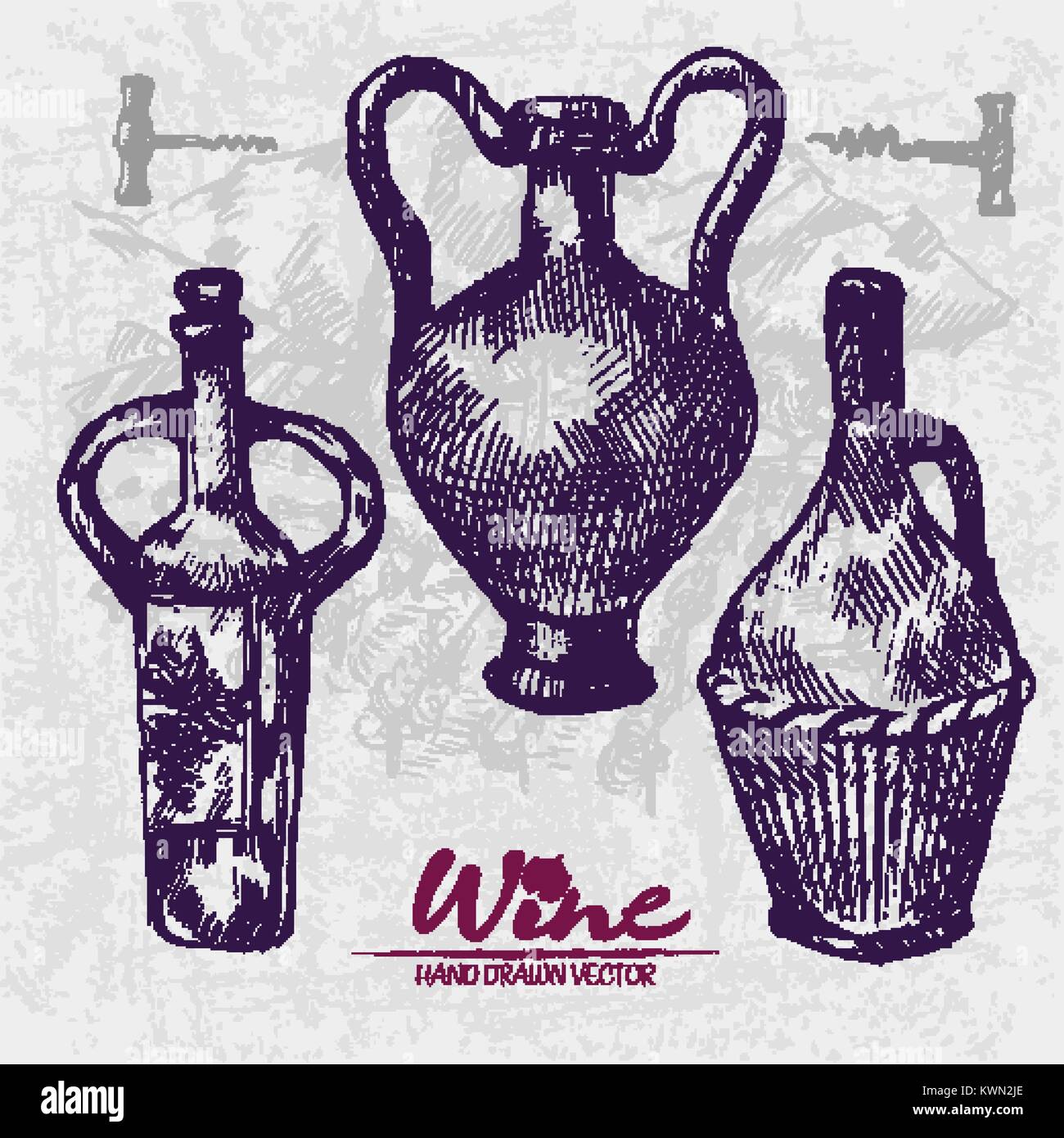 Digital color vector detailed line art wine old ancient pitchers hand ...
