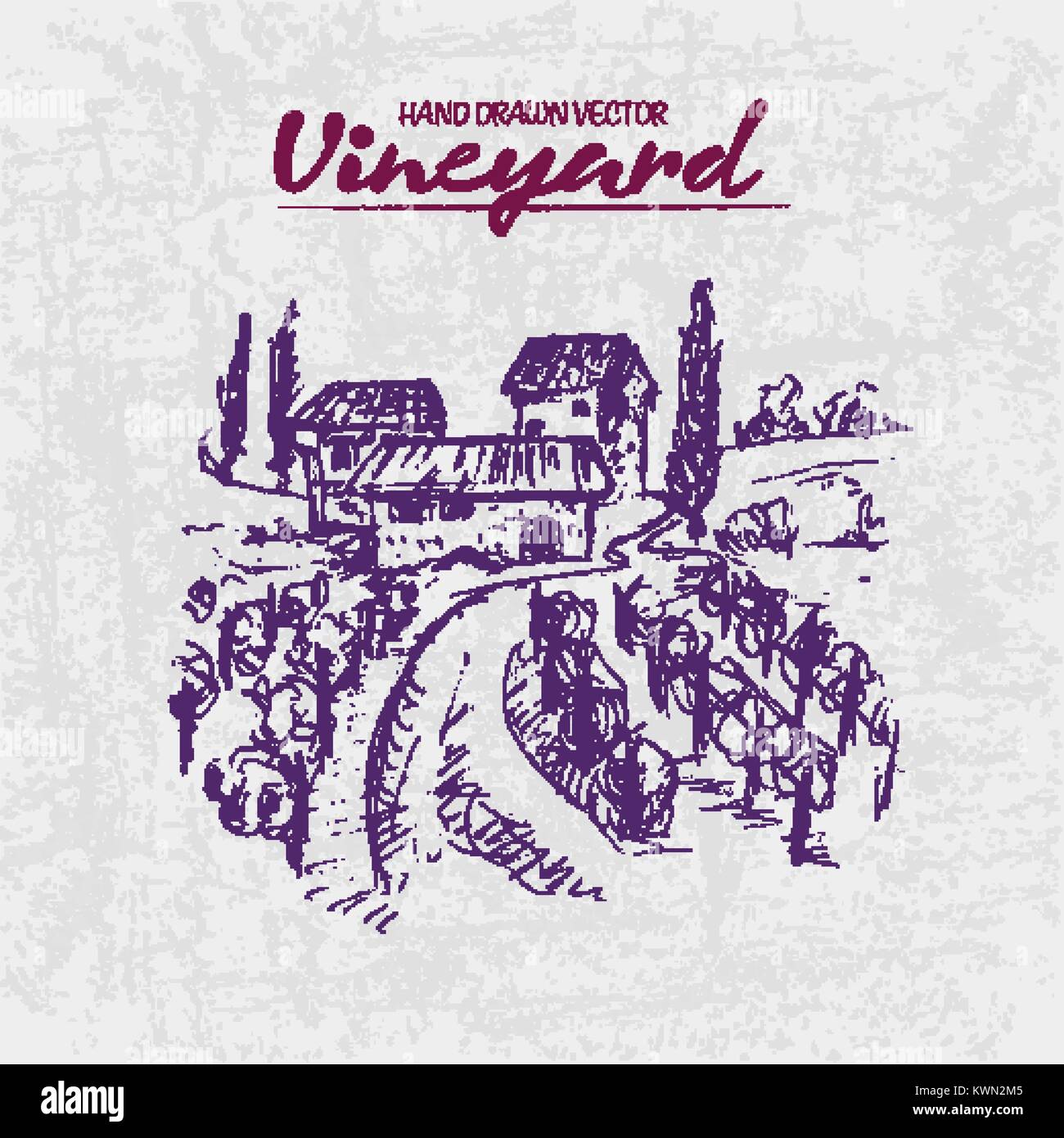 Digital color vector detailed line art purple vineyard fields with ...