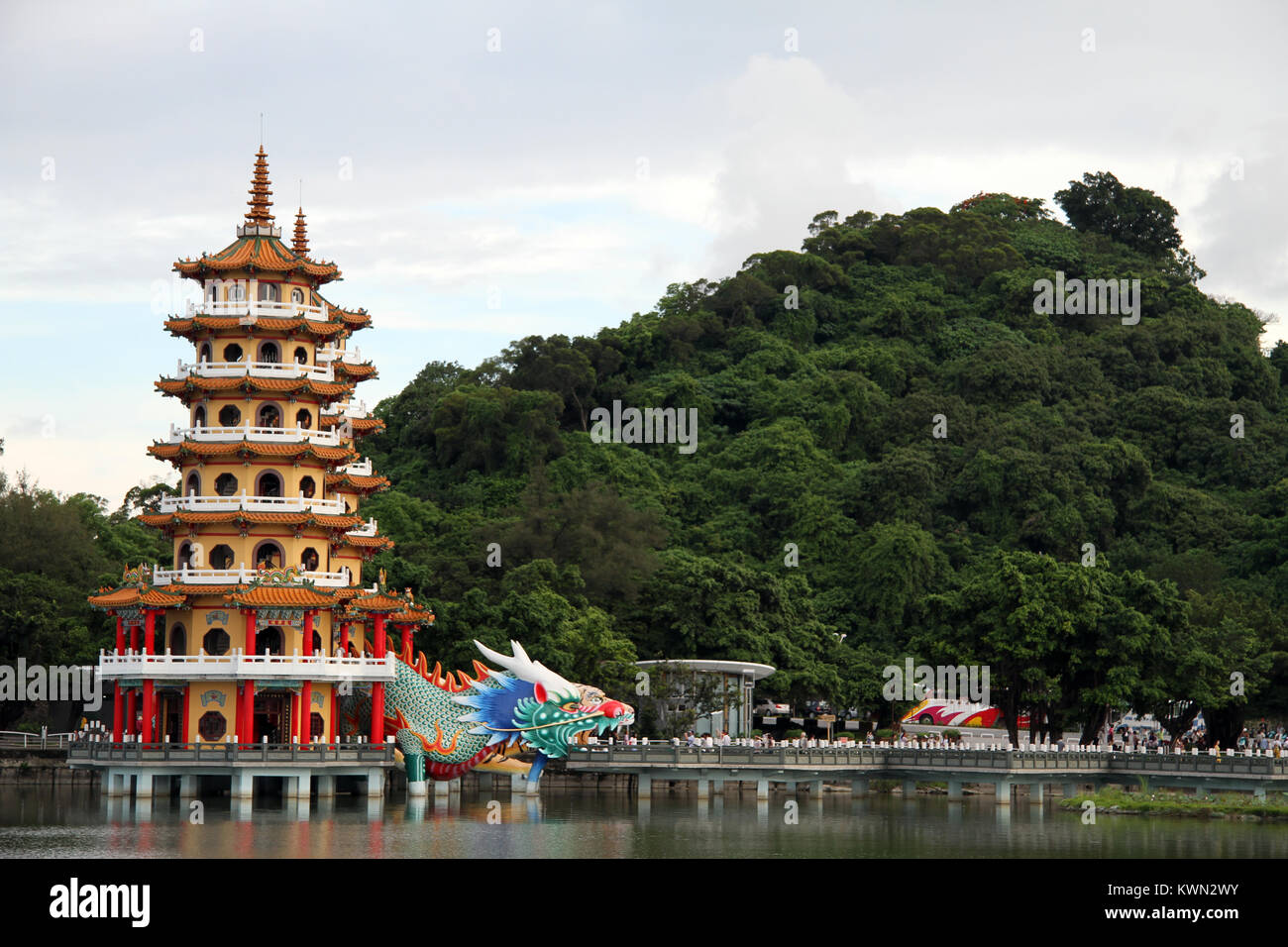 Pagodas with tiger and dragon sculptures on the lake near hll in ...