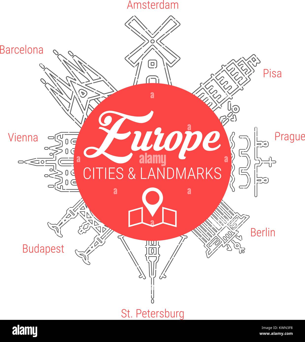 Famous European Landmarks. Line Vector Icon Set Stock Vector Image ...