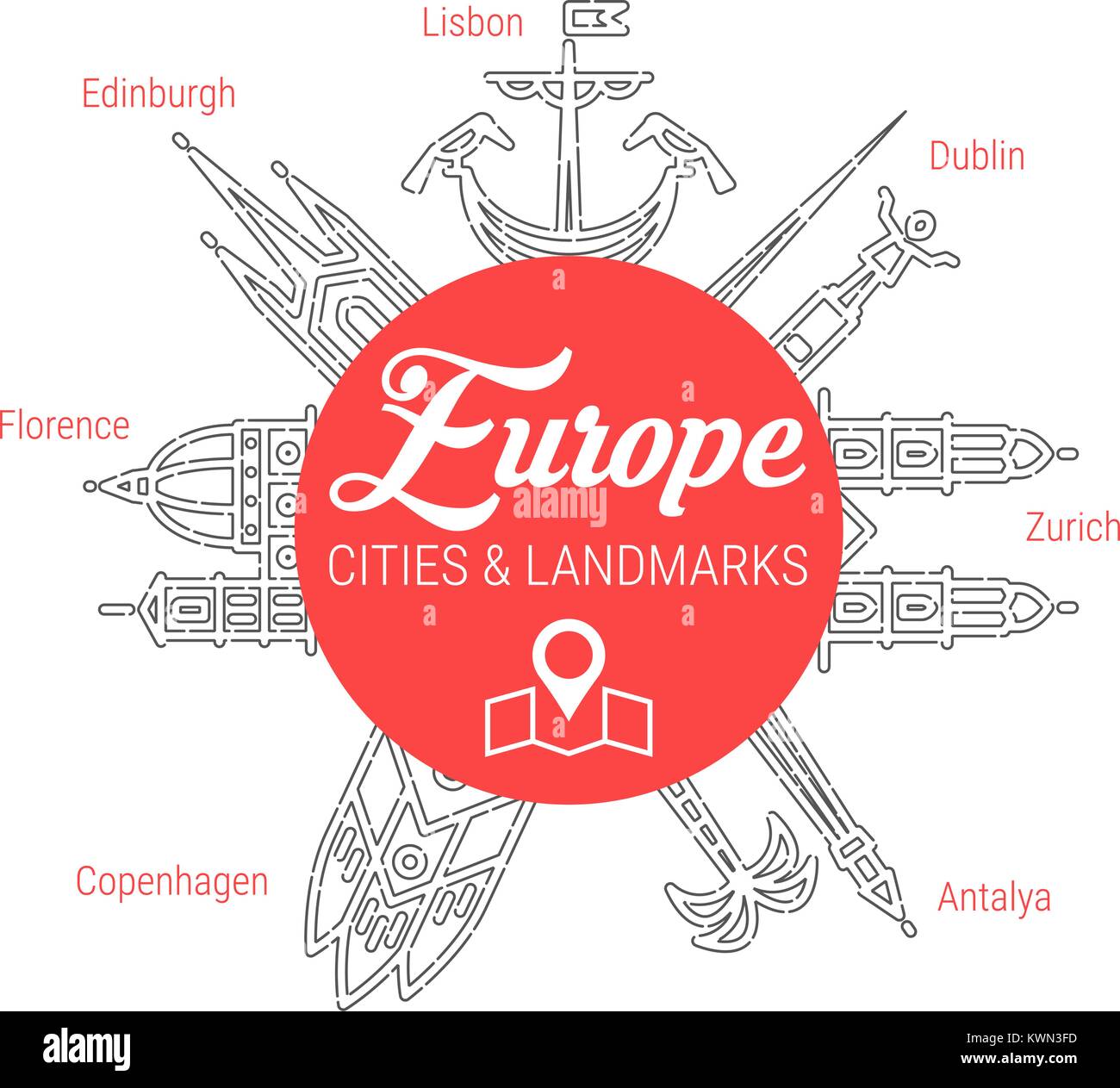 Famous European Landmarks. Line Vector Icon Set Stock Vector Image ...