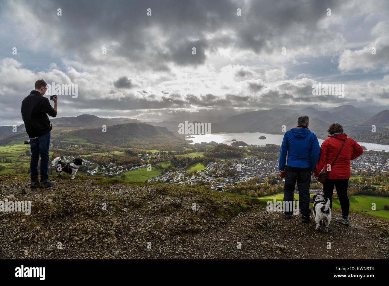 Walkers on the top of Latrigg with views to Derwent Water and Keswick ...