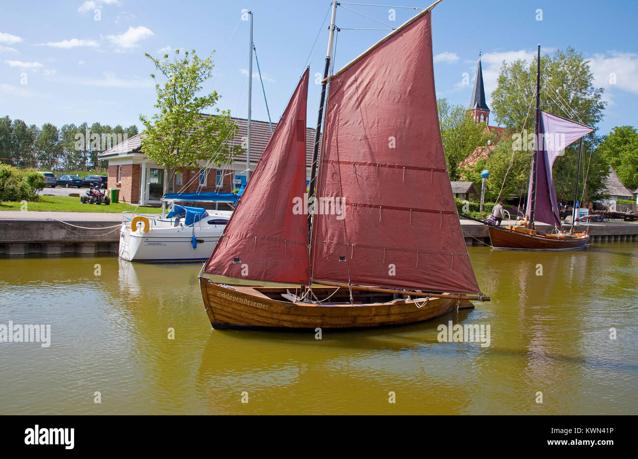 Zeesenboot, traditional sailing boats at the harbour of Wustrow ...