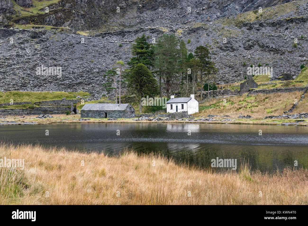 Old quarry buildings beside Llyn Cwmorthin near Blaenau Ffestiniog ...