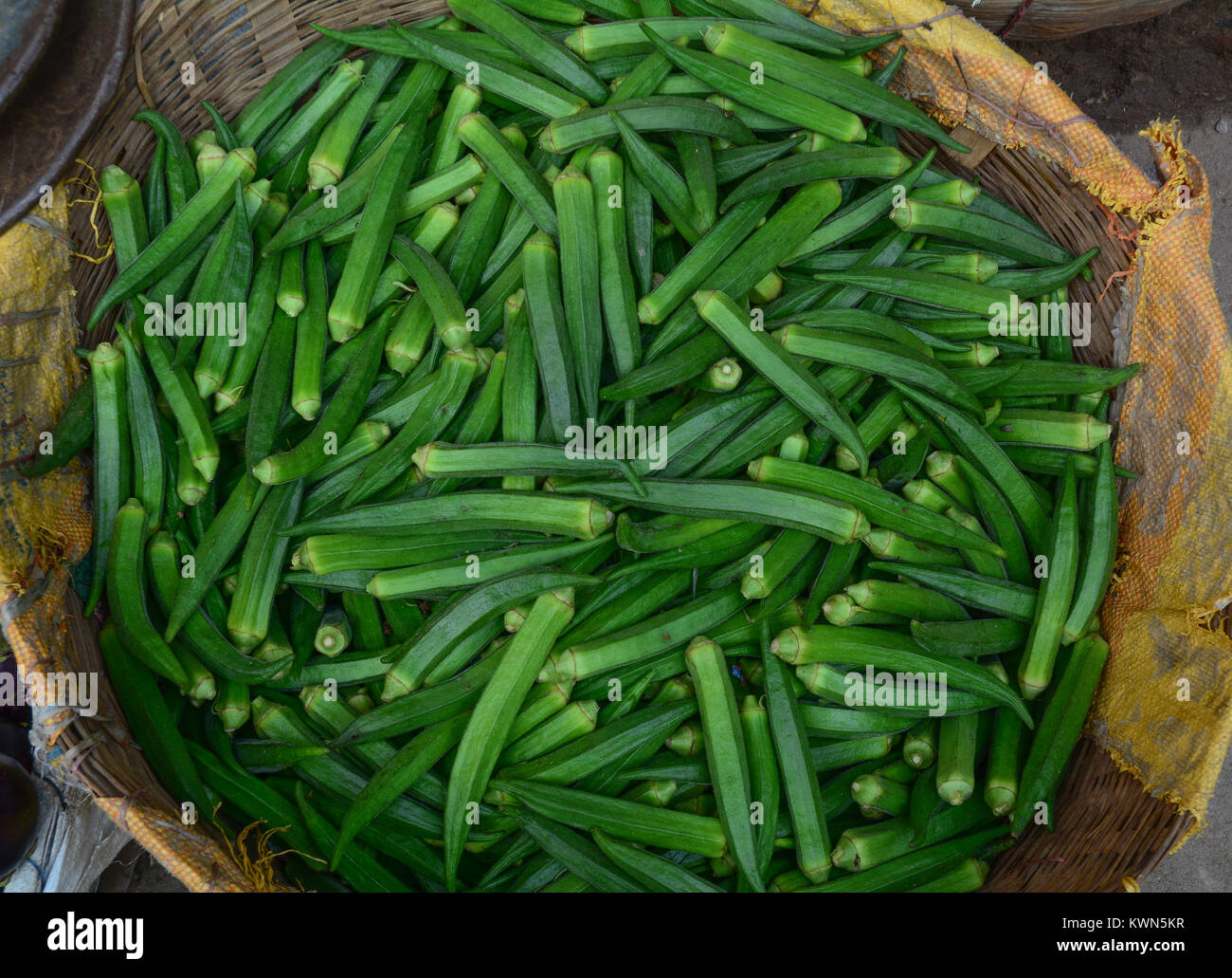 Fresh green okra at the farmer market in New Delhi, India Stock Photo ...