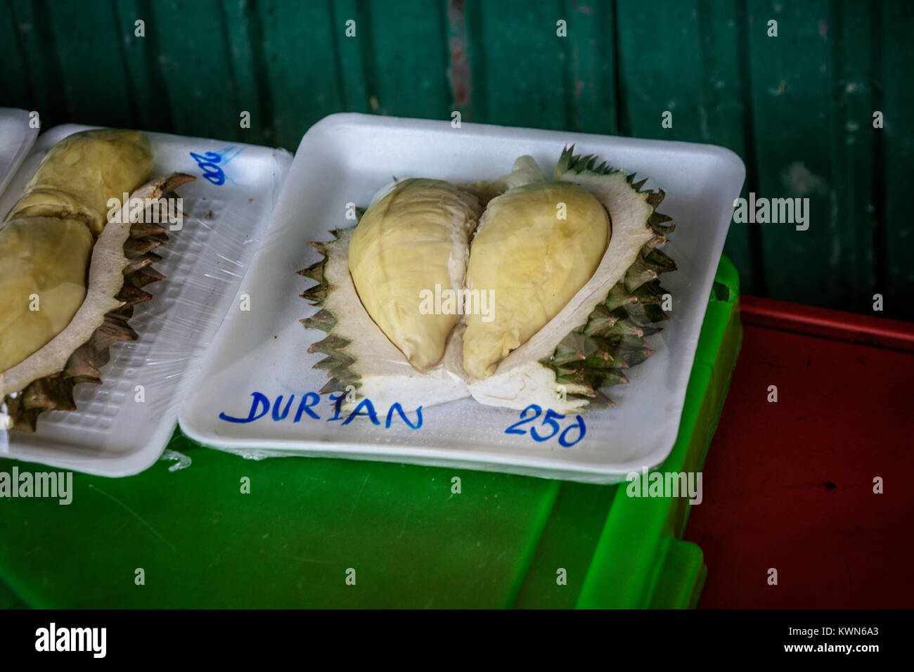 Durian fruit for sale, Damnoen Saduk Floating Market, Thailand Stock ...